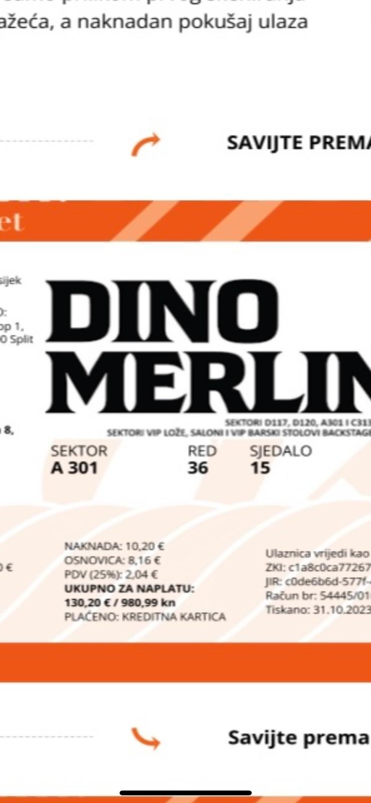 Dvije karte za Koncert Dino Merlin