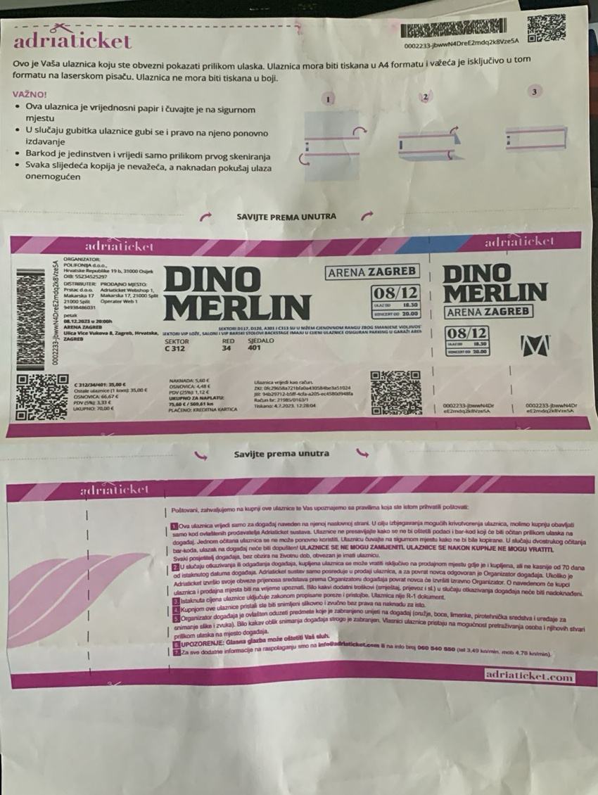 Karte za koncert Dino Merlin 8.12