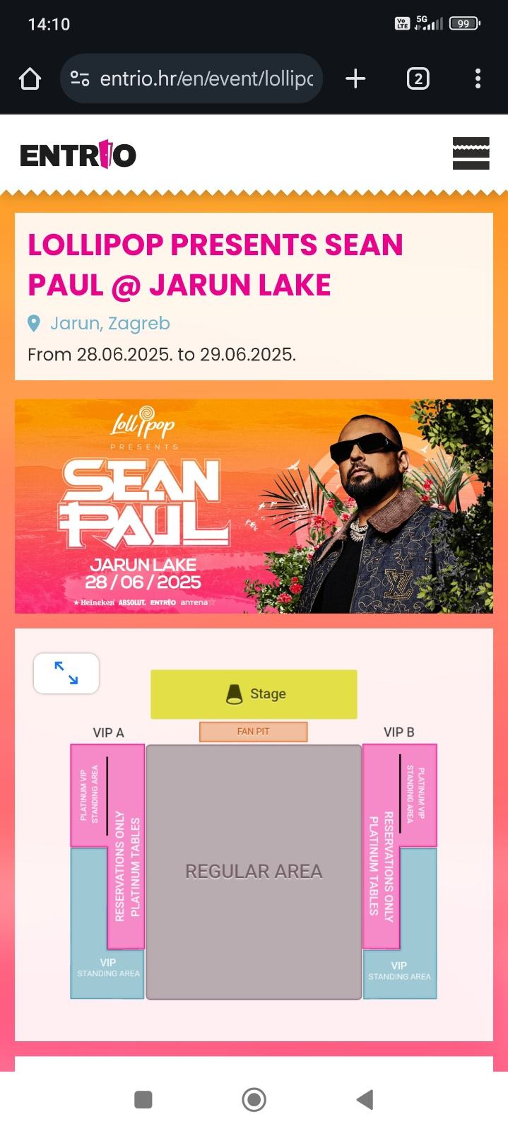 PRODAJEM 2 KARTE ZA SEAN PAULA REGULAR AREA 2X45 e