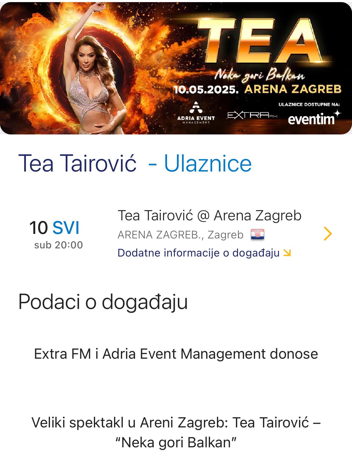 Prodajem 2 ulaznice za koncert Tea Tairović (FAN PIT)