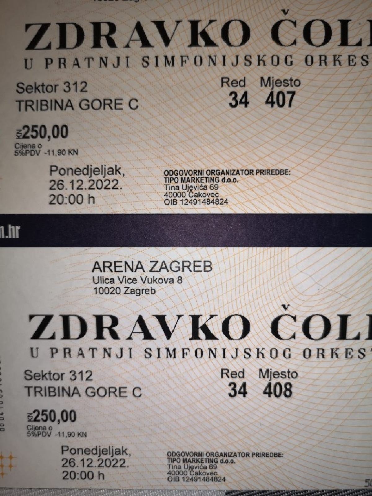 Ulaznice za koncert Zdravka Čolića, 26.12. u Areni Zagreb