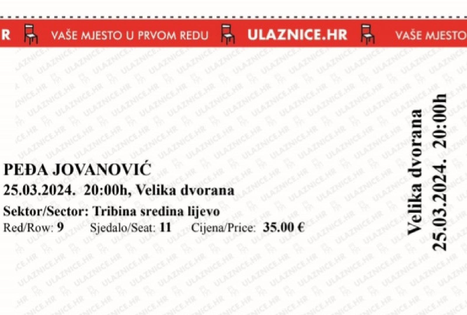 Ulaznice -Pedja Jovanović,Zagreb