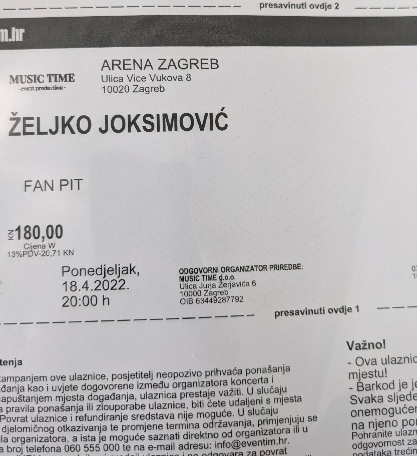 Željko Joksimović, 2 karte za Fan Pit, Arena Zg, 18.4.2022.