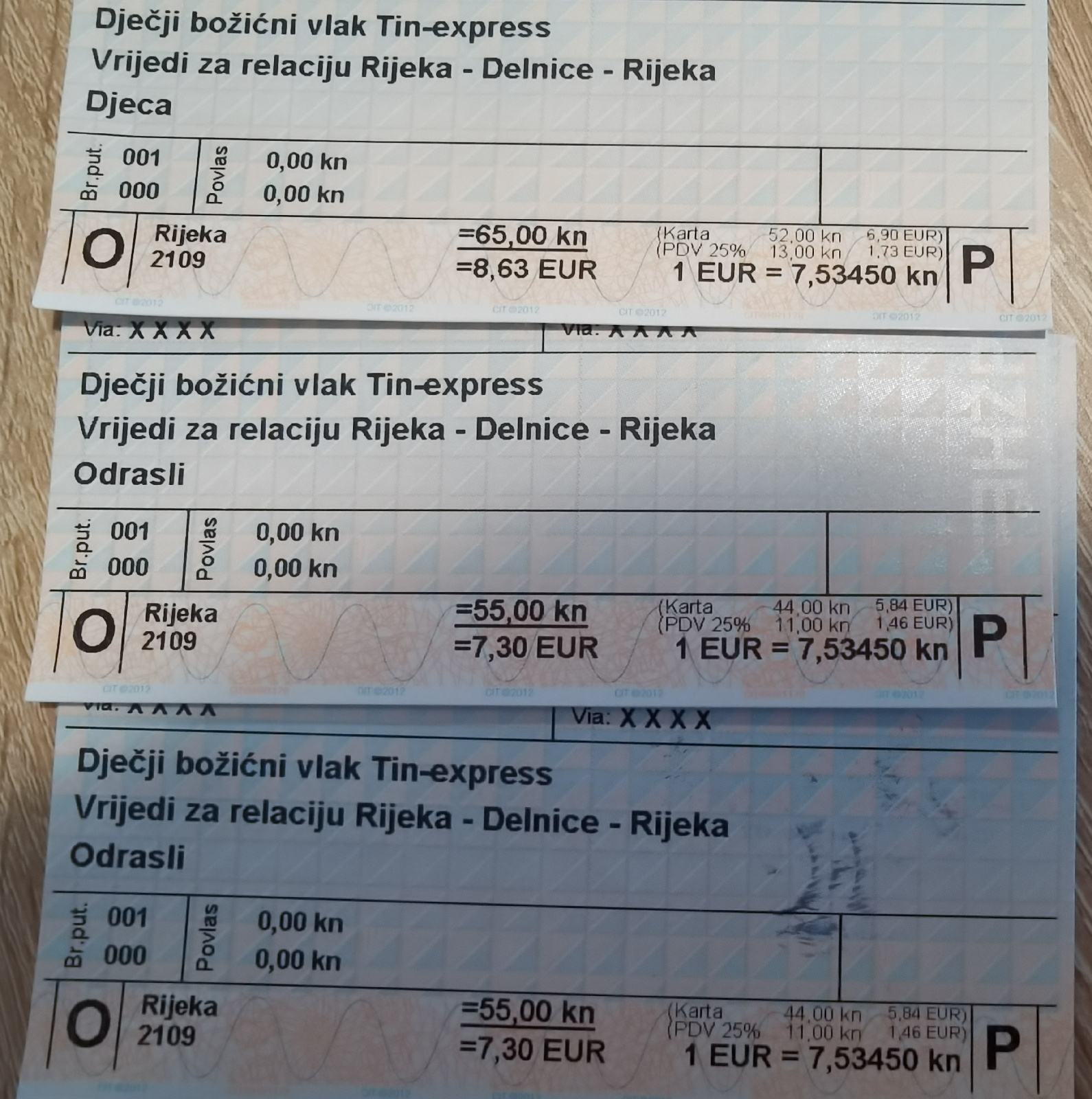 tri karte za dječji božićni vlak tin-express. Rijeka-Delnice