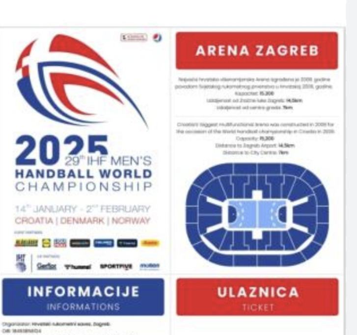 2Karte za rukomet Hrvatska - Slovenija