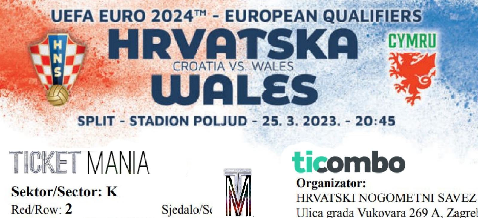 Hrvatska vs. Wales 1x karta/ulaznica! EURO 2024 kvalifikacije - Poljud