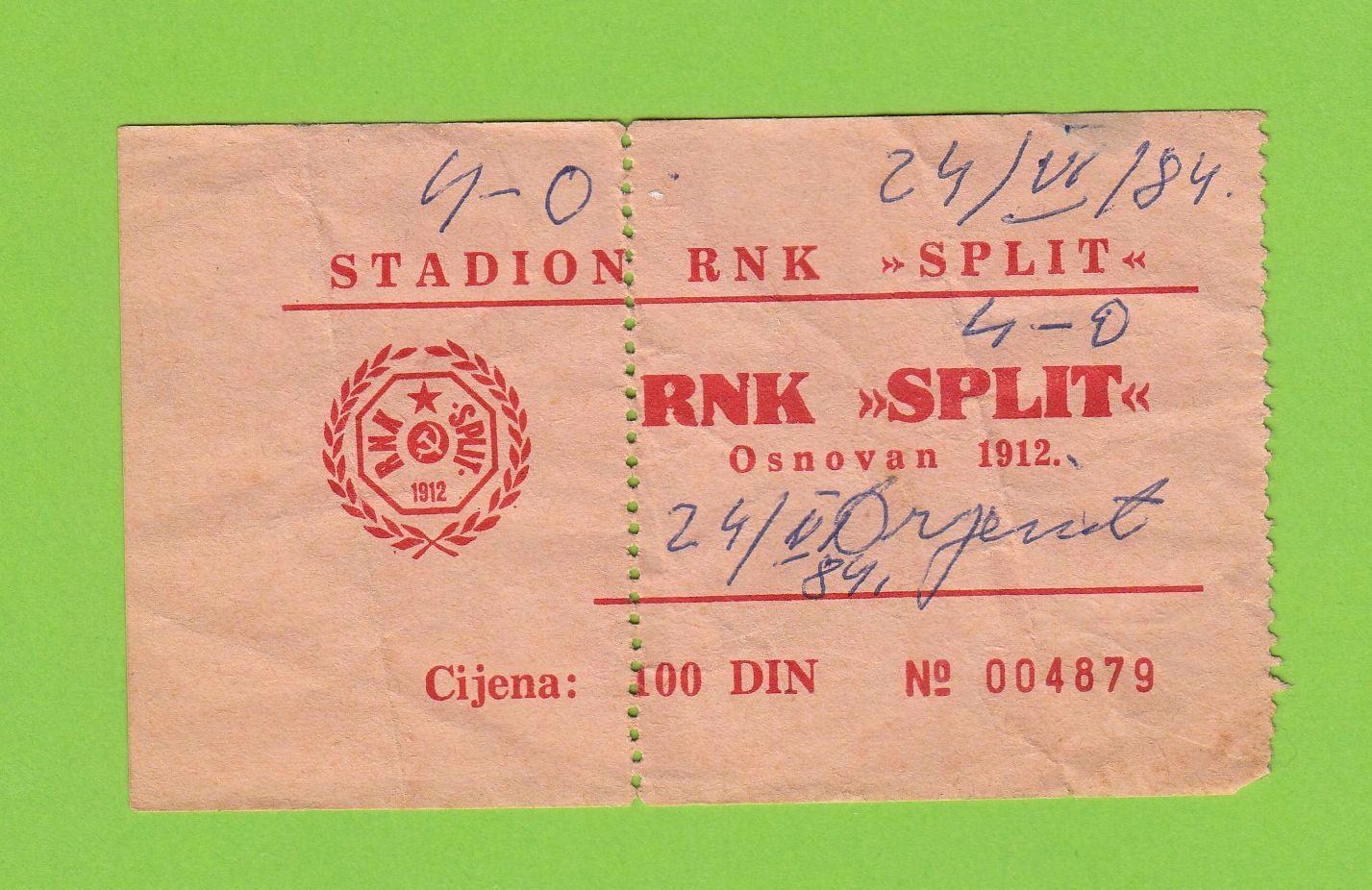 RNK SPLIT v ORIJENT Rijeka - za prvaka Hrvatske 1984. ex Yu ulaznica