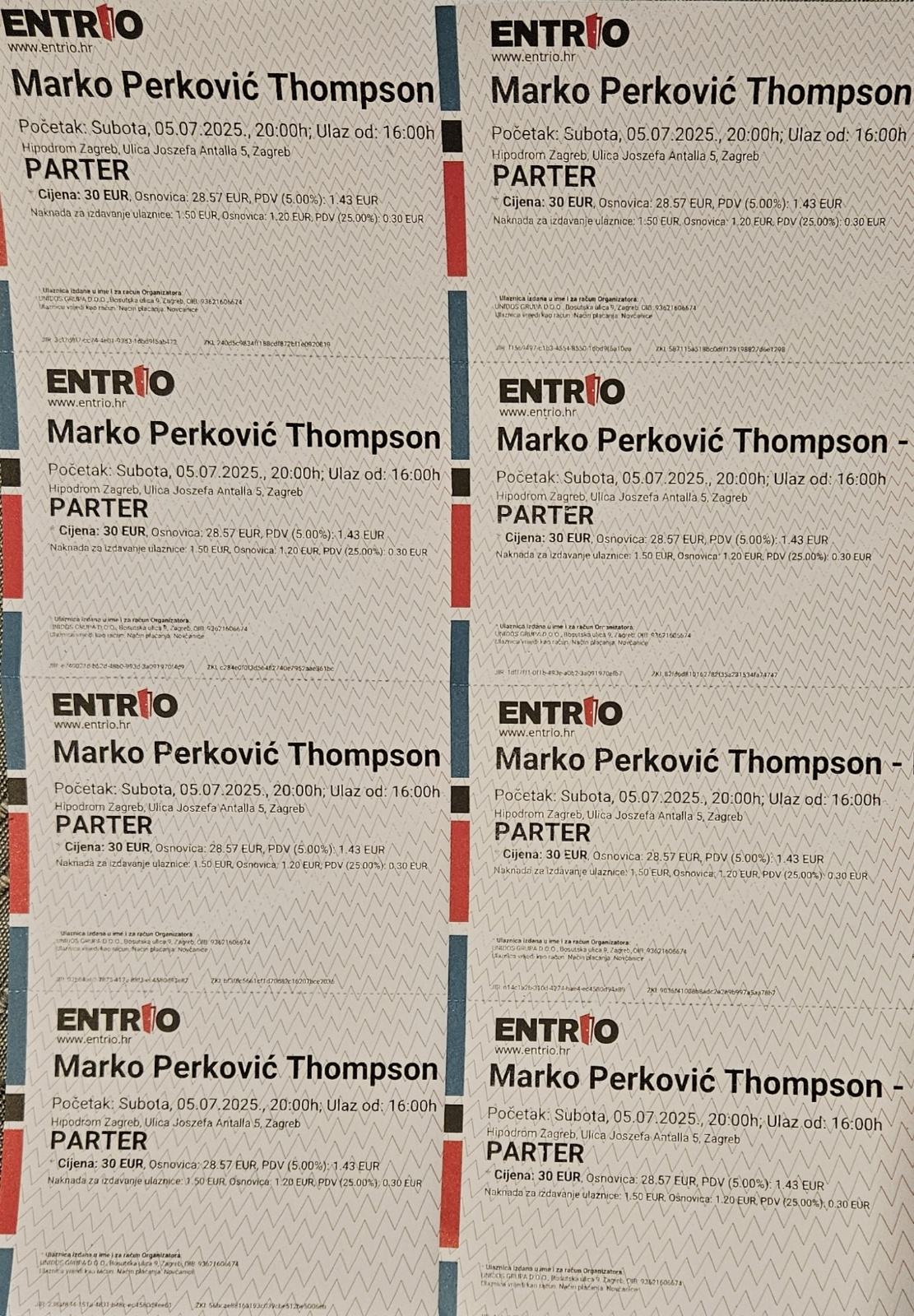 Thompson Hipodrom 5.7.2025 dvije fizičke parter ulaznice