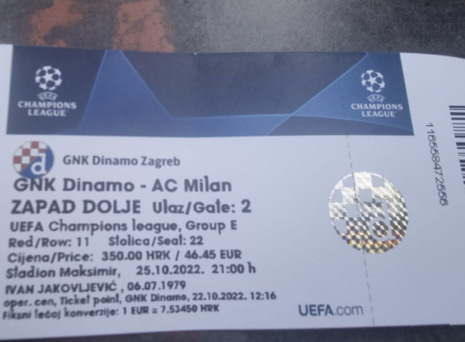 Ulaznica Dinamo - Milan , zapad dolje
