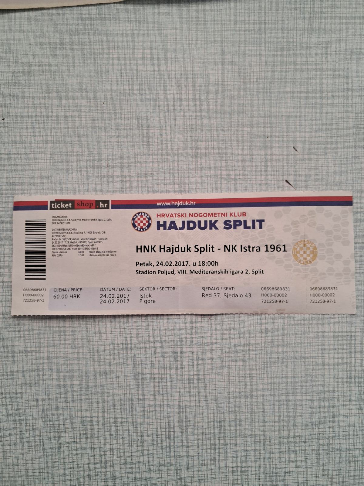 ulaznica hnk hajduk split-nk istra 1961 24.2.2017 u 18h stadion poljud