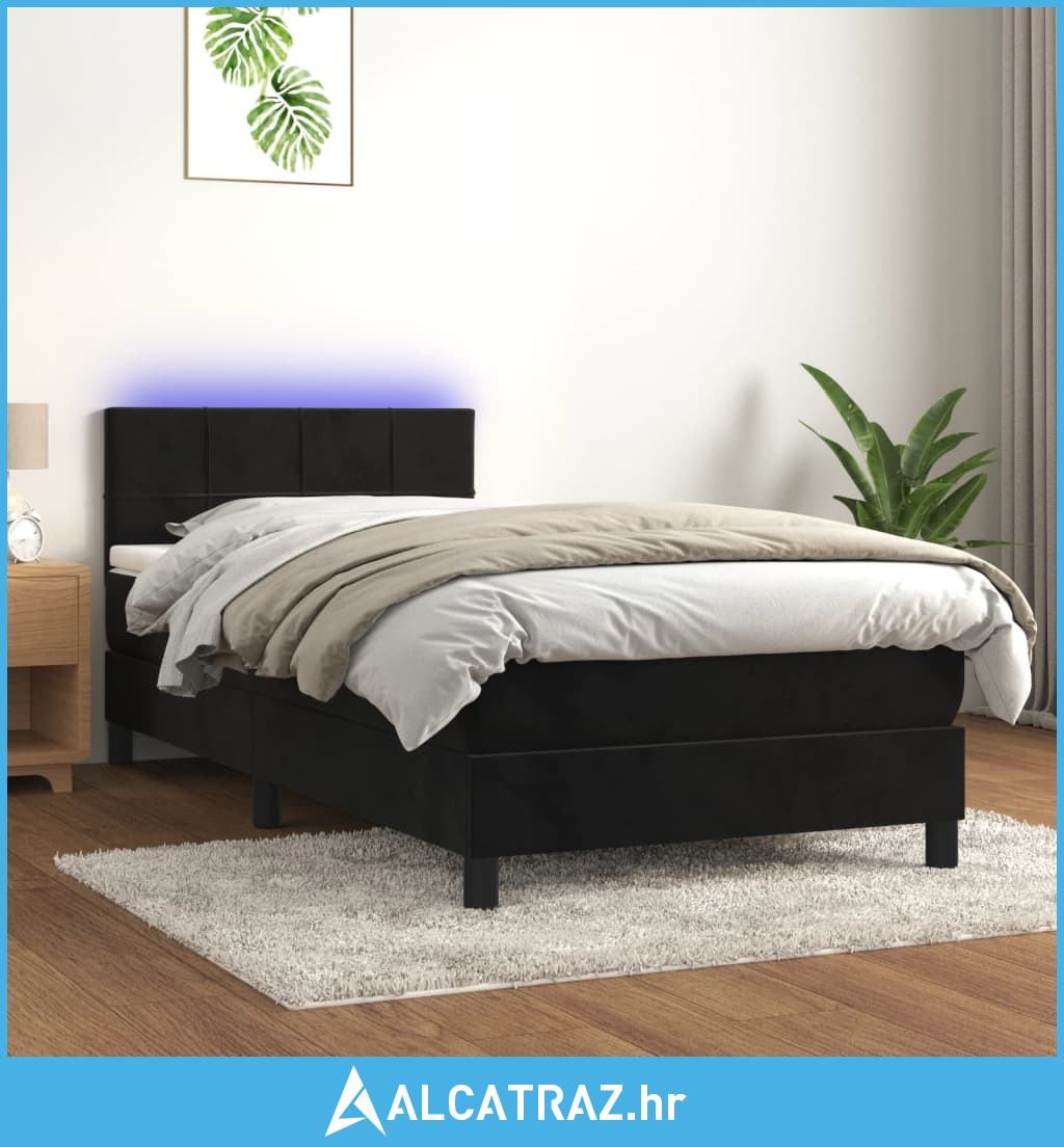 Krevet box spring s madracem LED crni 100x200 cm baršun - NOVO