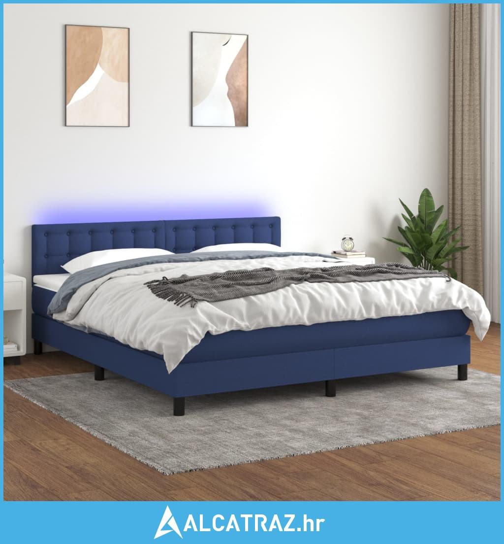 Krevet box spring s madracem LED plavi 160x200 cm od tkanine - NOVO