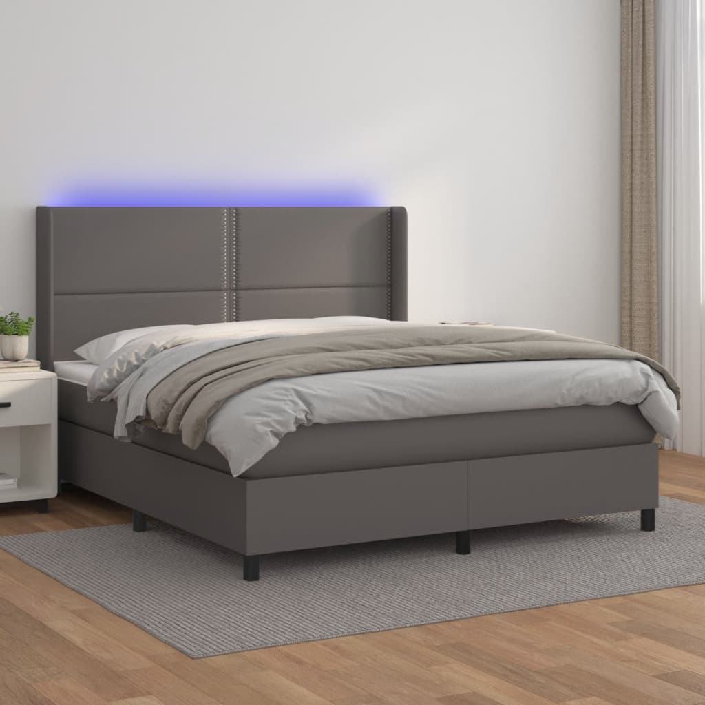 Krevet box spring s madracem LED sivi 160x200cm od umjetne kože - NOVO