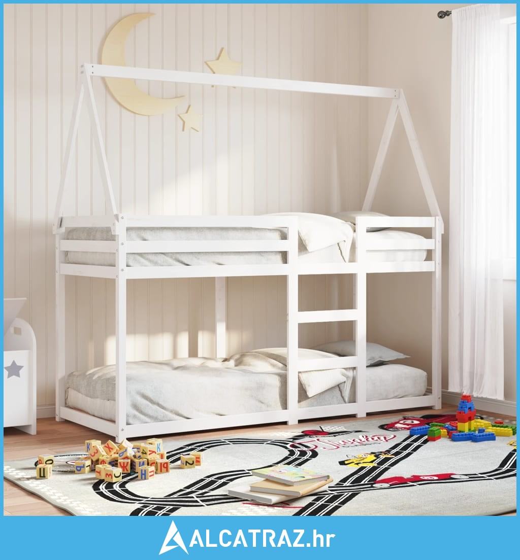 Krevet na kat s krovom bijeli 75x190 cm puno drvo bor - NOVO