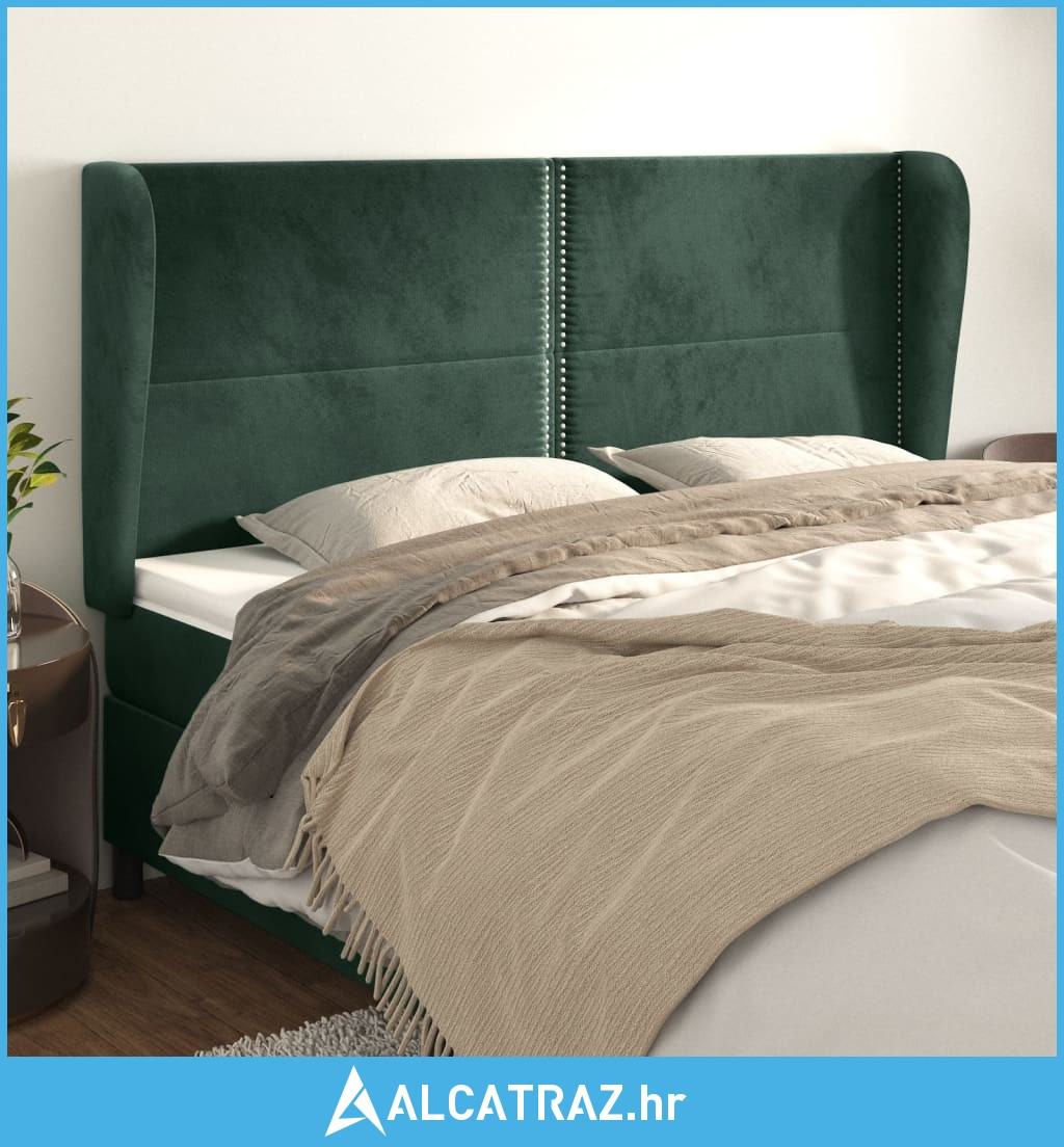 Uzglavlje s ušima tamnozeleno 203x23x118/128 cm baršunasto - NOVO