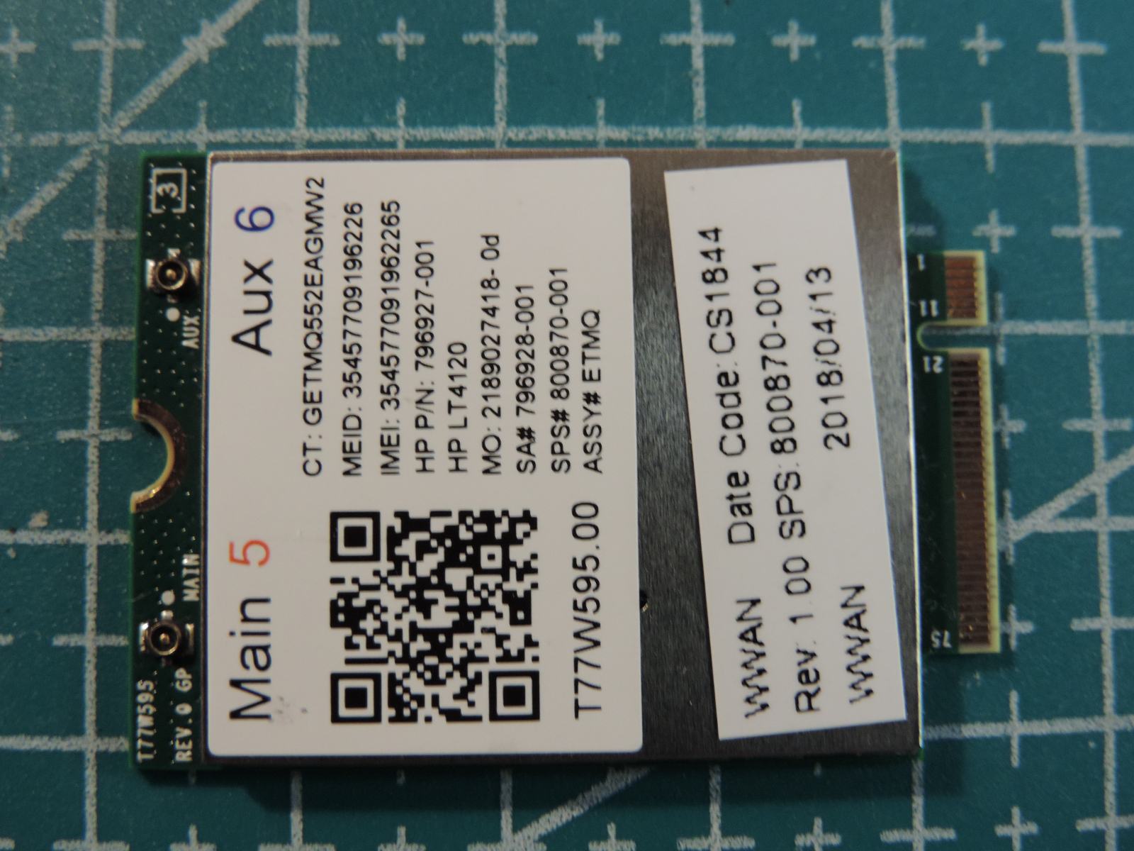 WWAN LT4120 4G LTE M.2 Modem + GPS / SnapDragon X5 MDM9625 796927-001