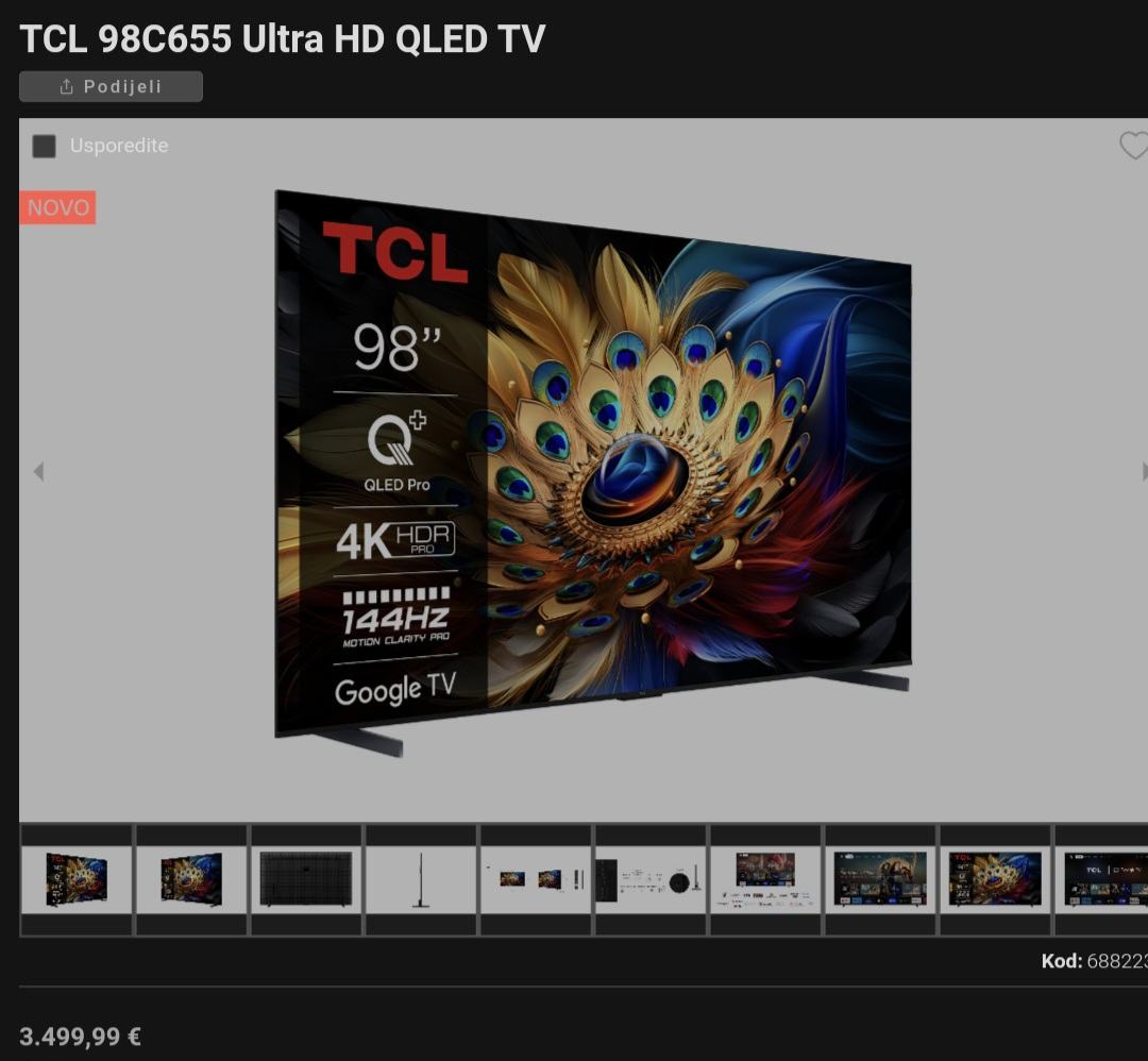 TCL 98C655 Ultra HD QLED TV, 98 incha, 248cm, novo