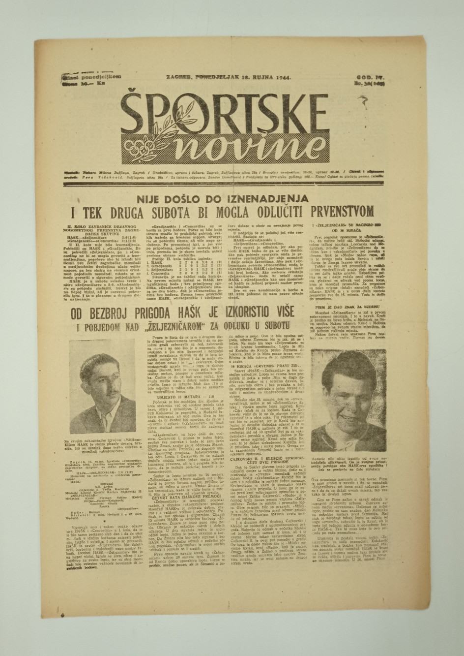 Časopis Športske novine br. 38/1944.
