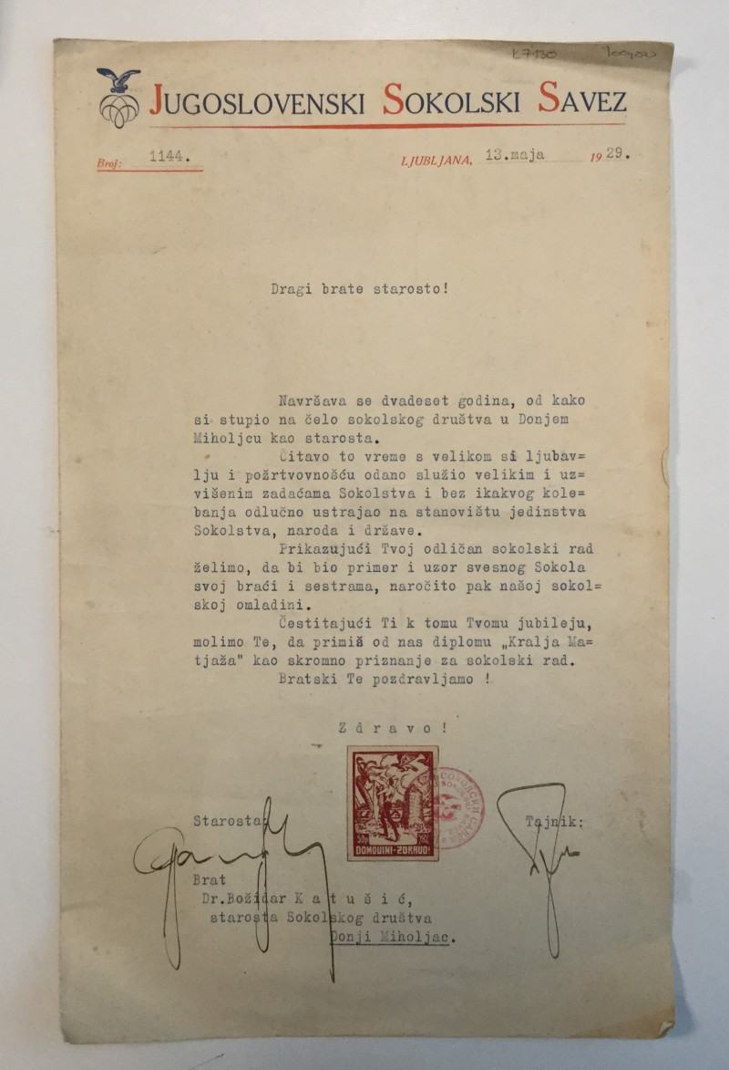 JUGOSLOVENSKI SOKOLSKI SAVEZ : PRIZNANJE ZA SOKOLSKI RAD