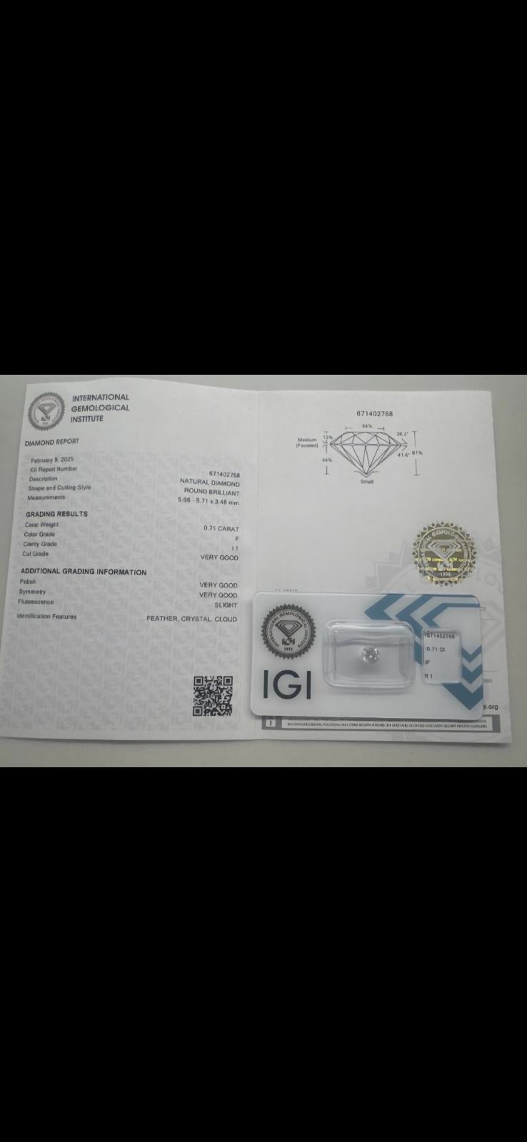 Dijamant I1, F, IGI, 0.71ct