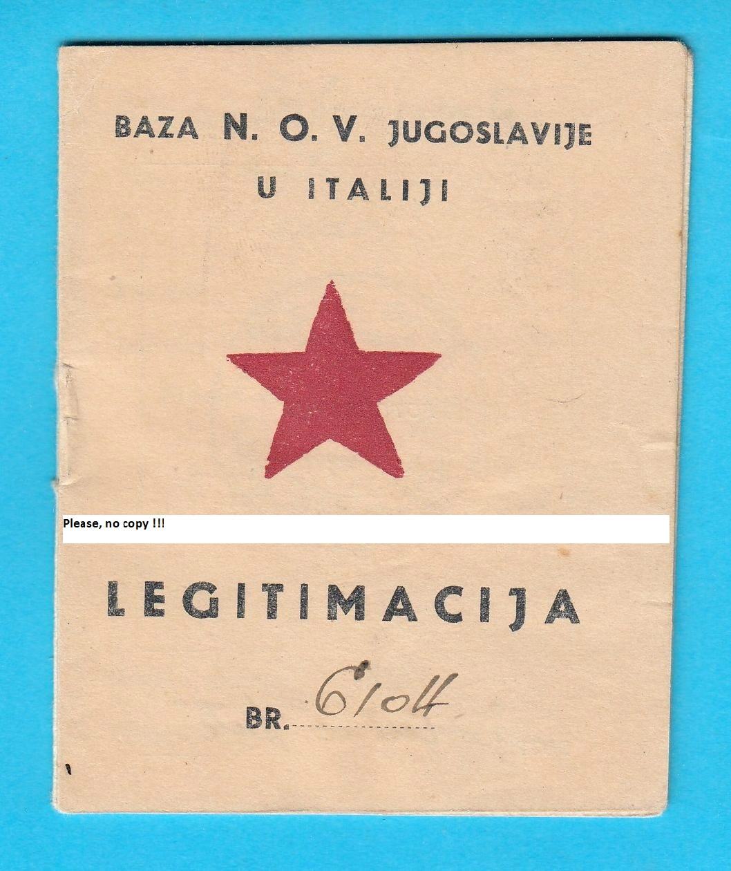 WW2 PARTIZANI - BAZA NOVJ U ITALIJI - BARI službena legitimacija 1945.