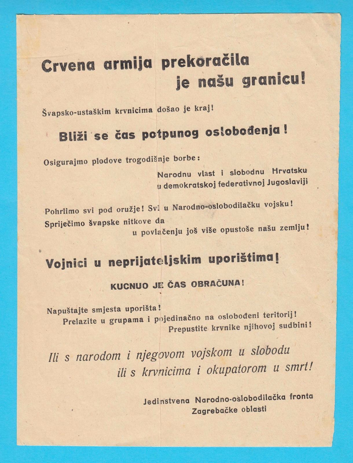 WW2 PARTIZANI originalni partizanski propagandni letak iz 2. svj. rata