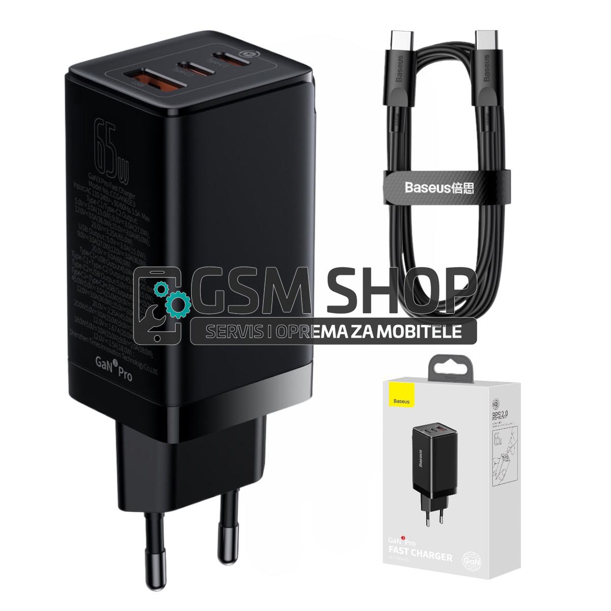BASEUS GaN5 Super brzi punjač adapter 65W Type C + Type C + USB