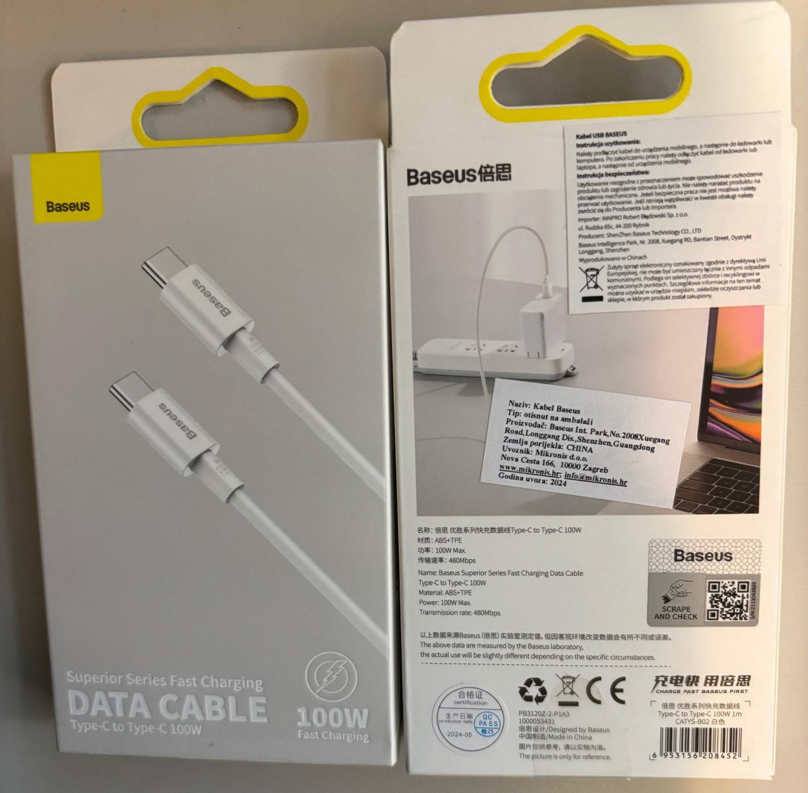 Baseus Superior Series USB-C to USB-C kabel, 100W, 2m, NOVO