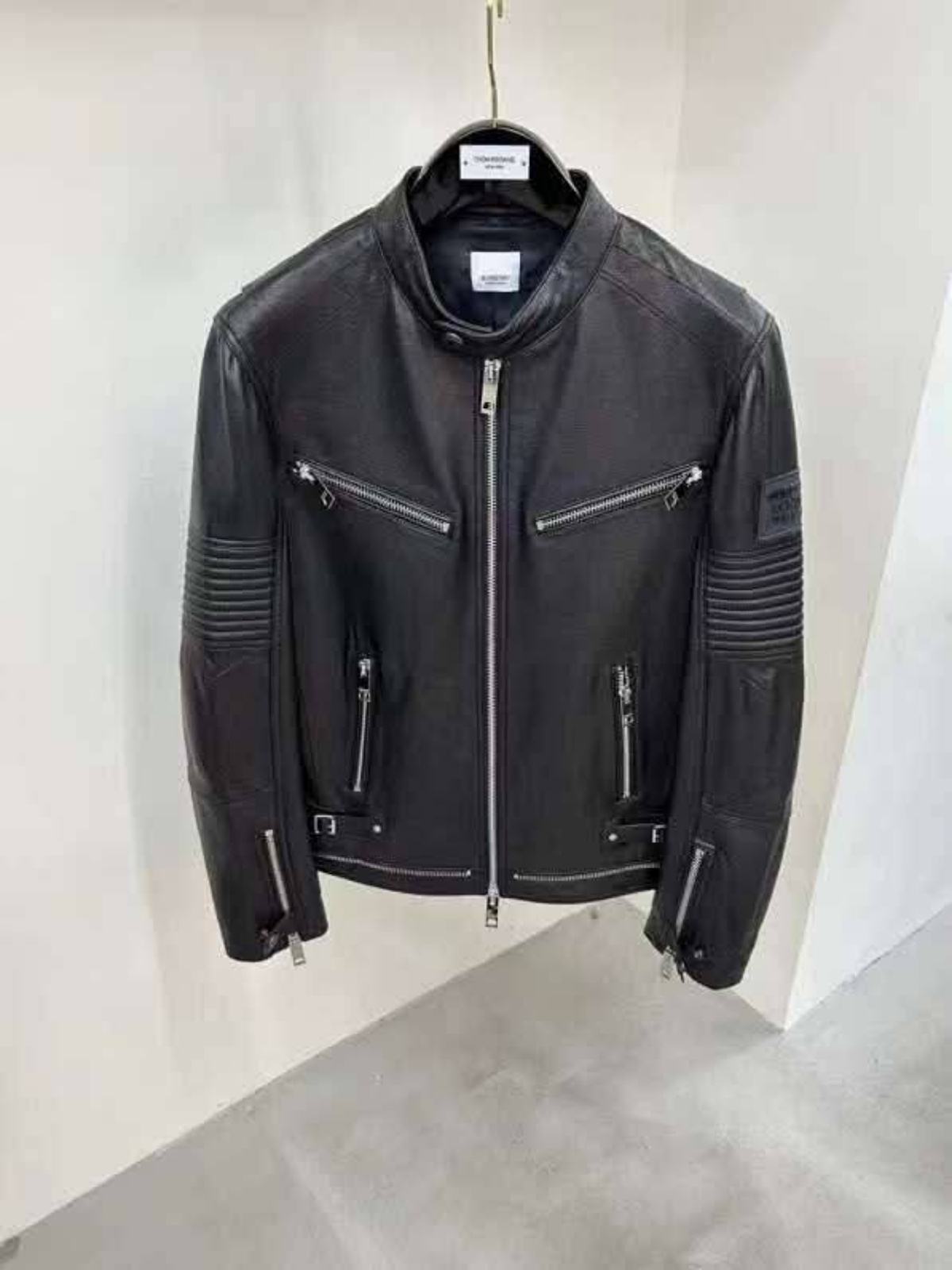 Burberry Mens Black Selsdon Zippered Leather Motorcycle Jacket