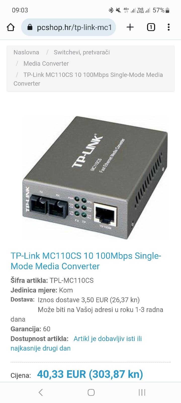 TP-Link MC110CS 10 100Mbps Single-Mode Media Converter