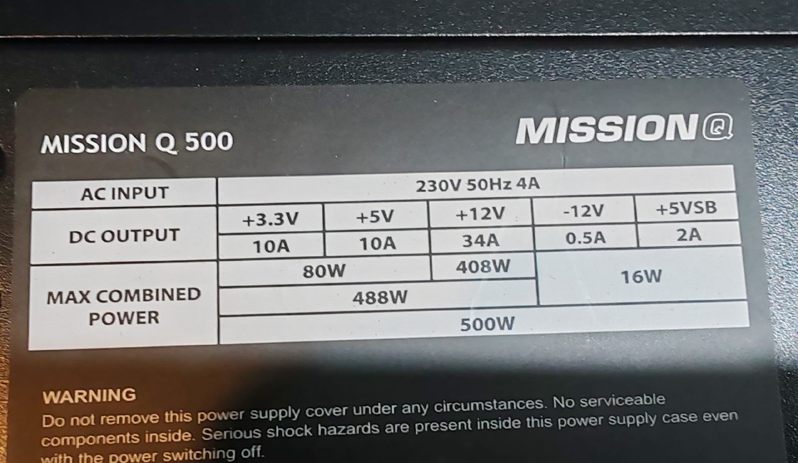 Pc Napajanje Mission Q 500 500W s jednim 6pin utikacem za grafiku