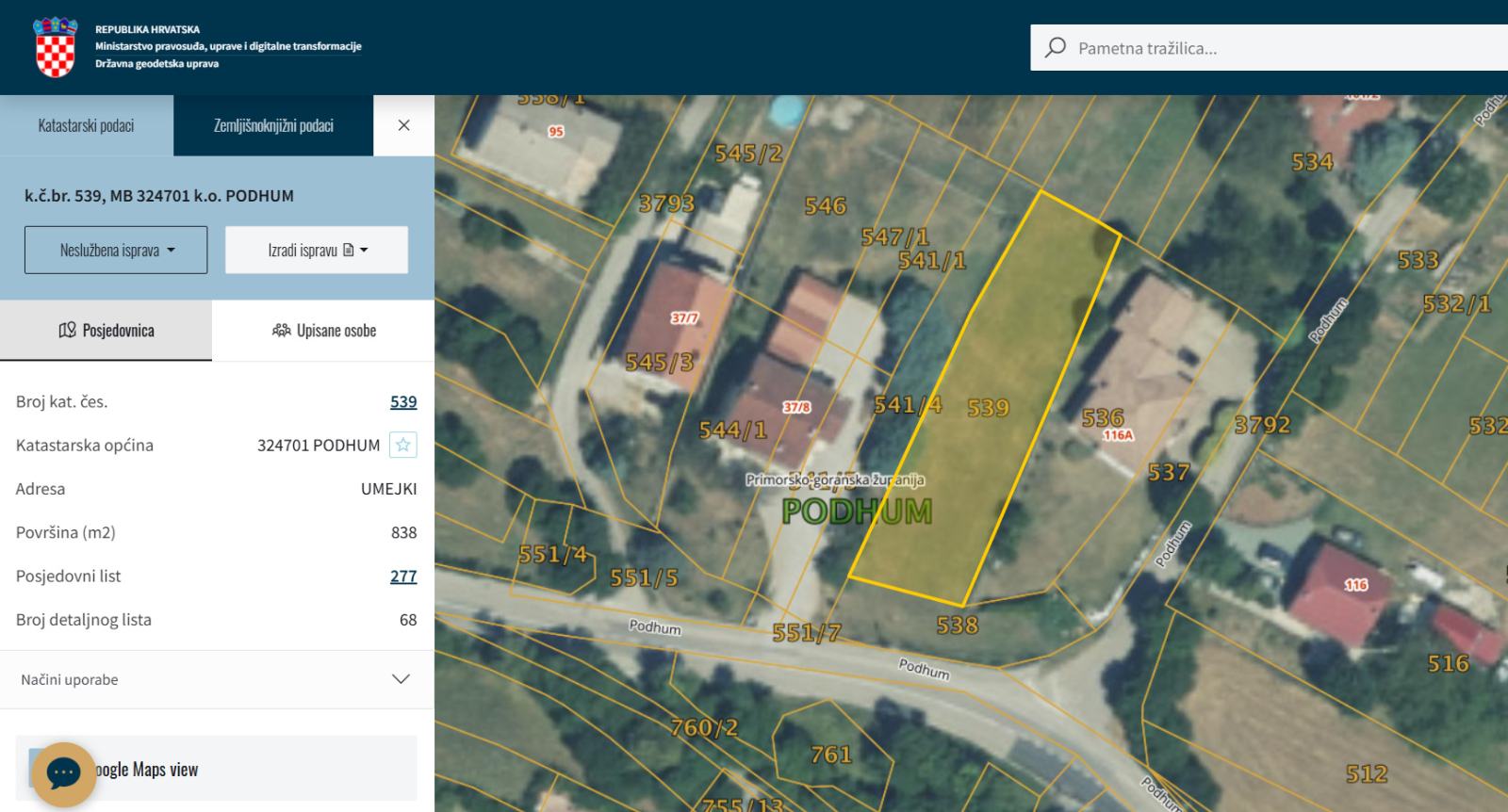 Podhum, 1.111 m² građevinsko zemljište uz cestu, stamb-posl zona