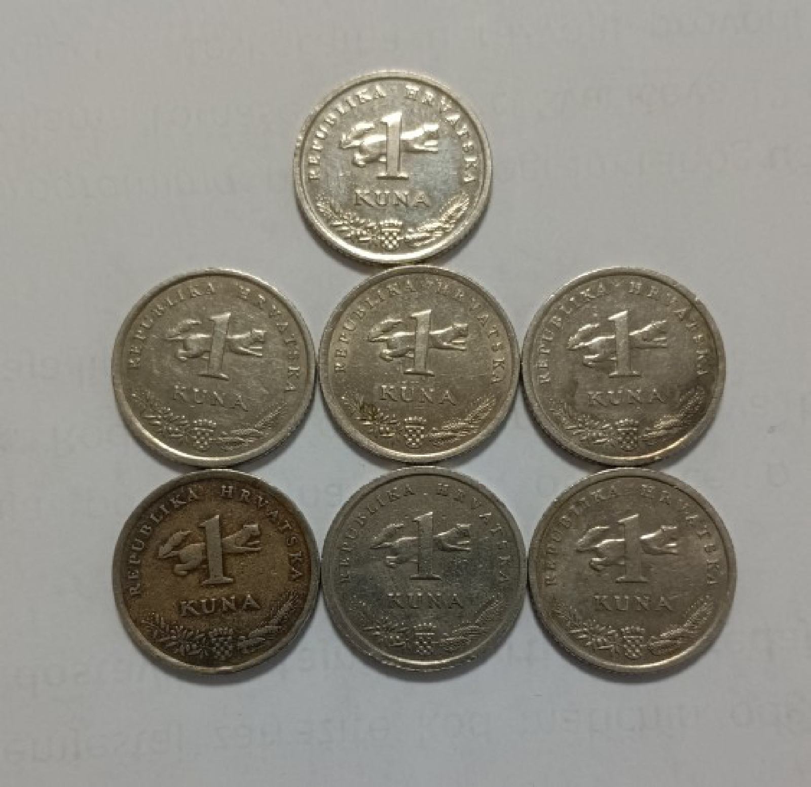 1 kuna kovanice, 7 kom, 1995., 1999., 2008., 2012., 2014., 2016., 2019