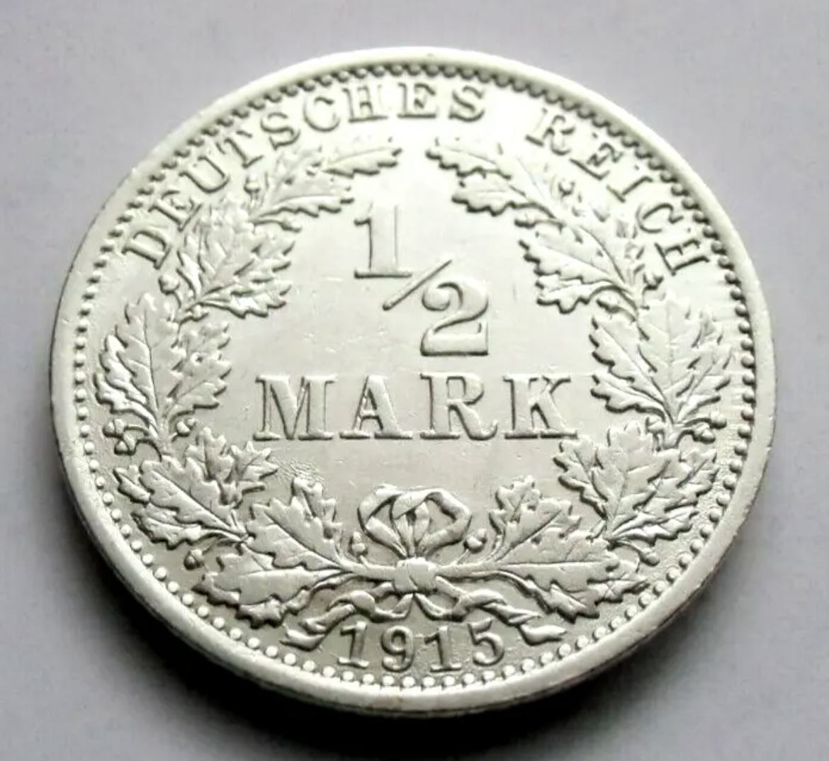 (306)RARE GERMANY EMPIRE 1/2 MARK SILVER COIN 1915 A - 0.900 SILVER