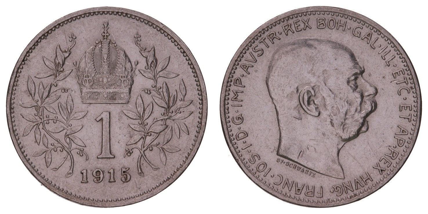 AUSTRIA 1 corona 1915 / WWI issue / Silver / XF (Ref.br. K-000.049)