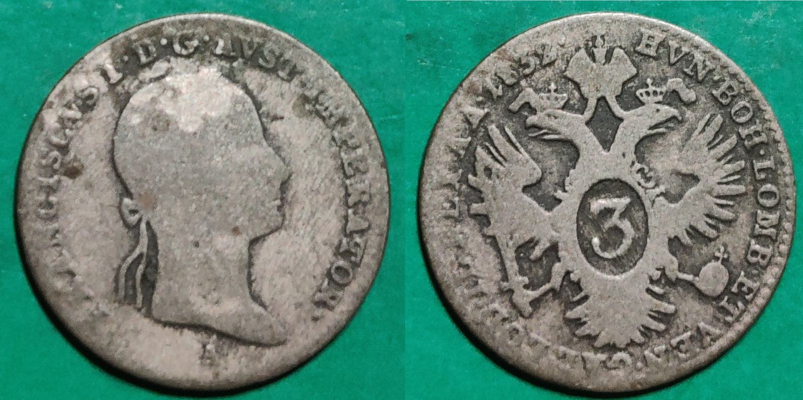 Austria 3 kreuzer, 1832 SREBRNJAK rijetko