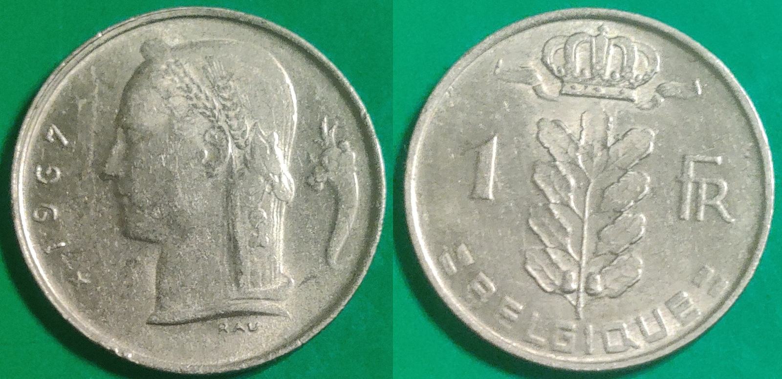 Belgium 1 franc, 1967 Legend in French - BELGIQUE
