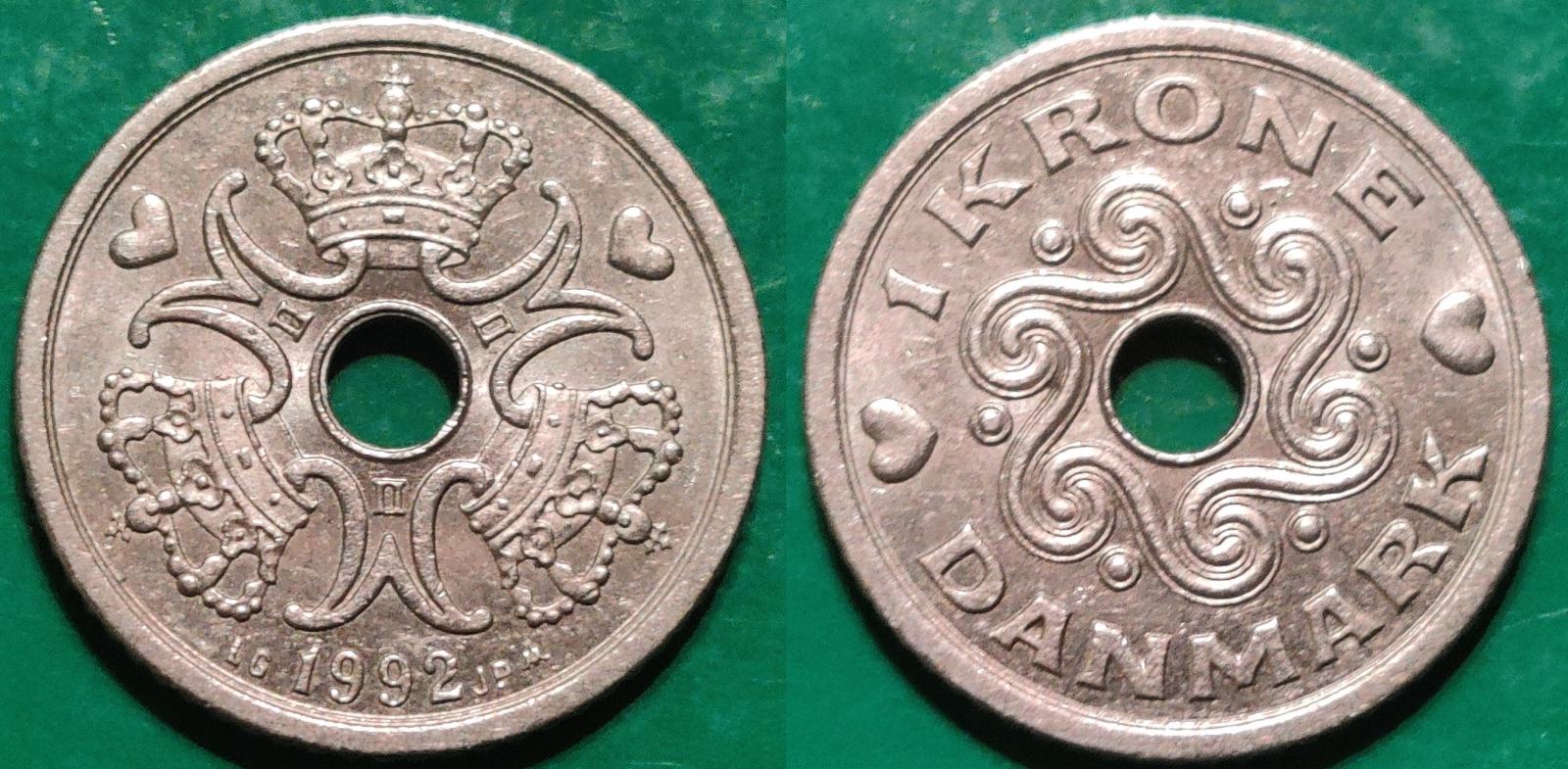 Denmark 1 krone, 1992