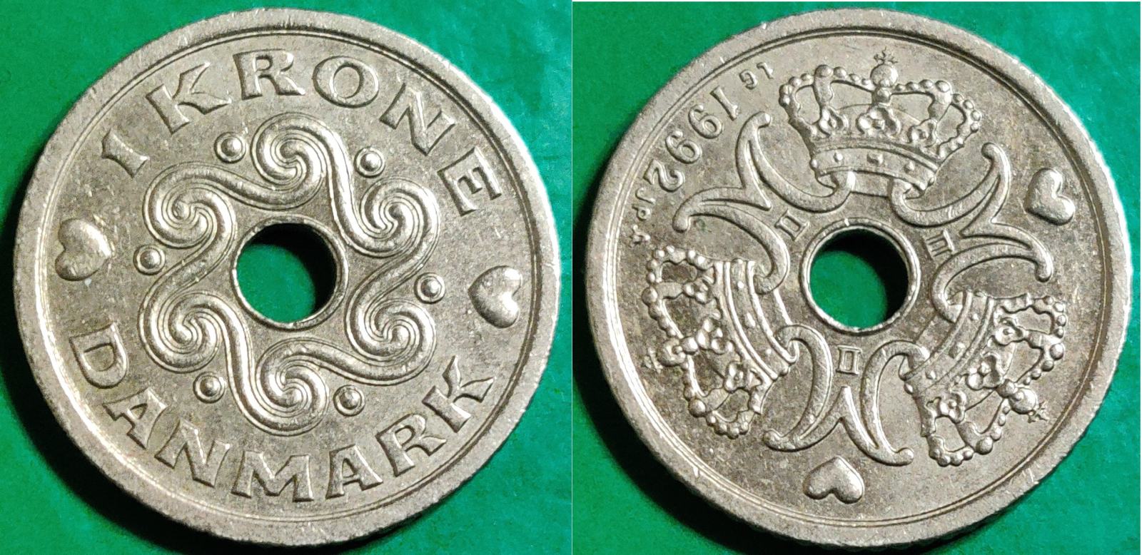 Denmark 1 krone, 1992