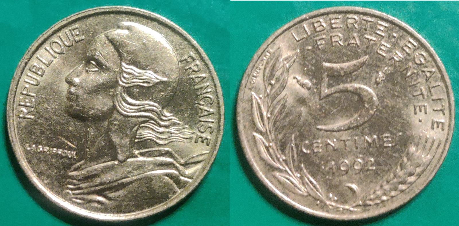 France 5 centimes, 1992 Coin alignment (180°)