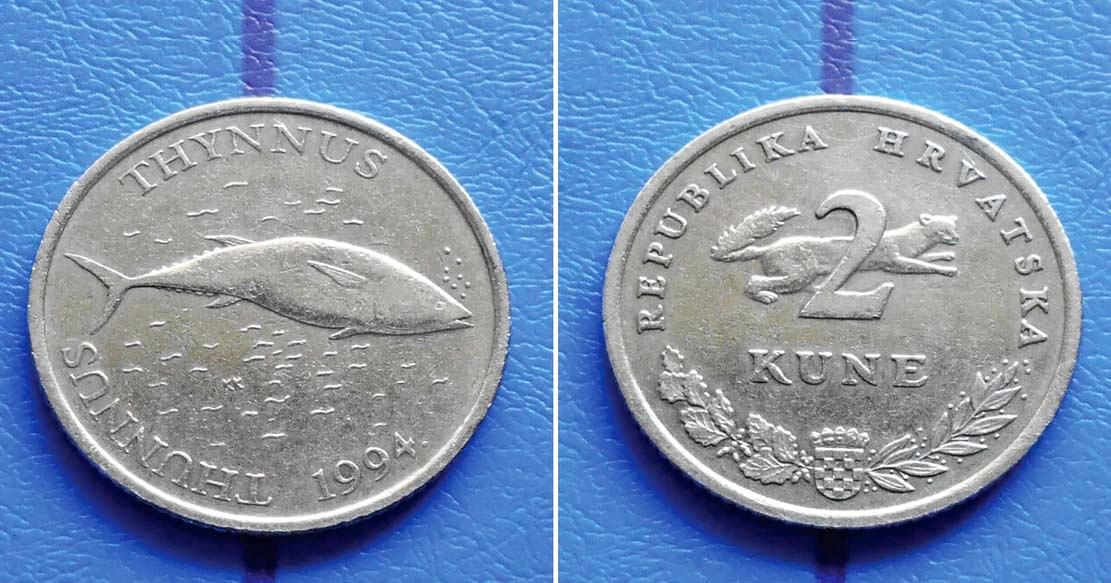 HRVATSKA CROATIA 2 KUNE 1994 KM: 21–TUNJ (THYNNUS THYNNUS)-ERROR-ZR