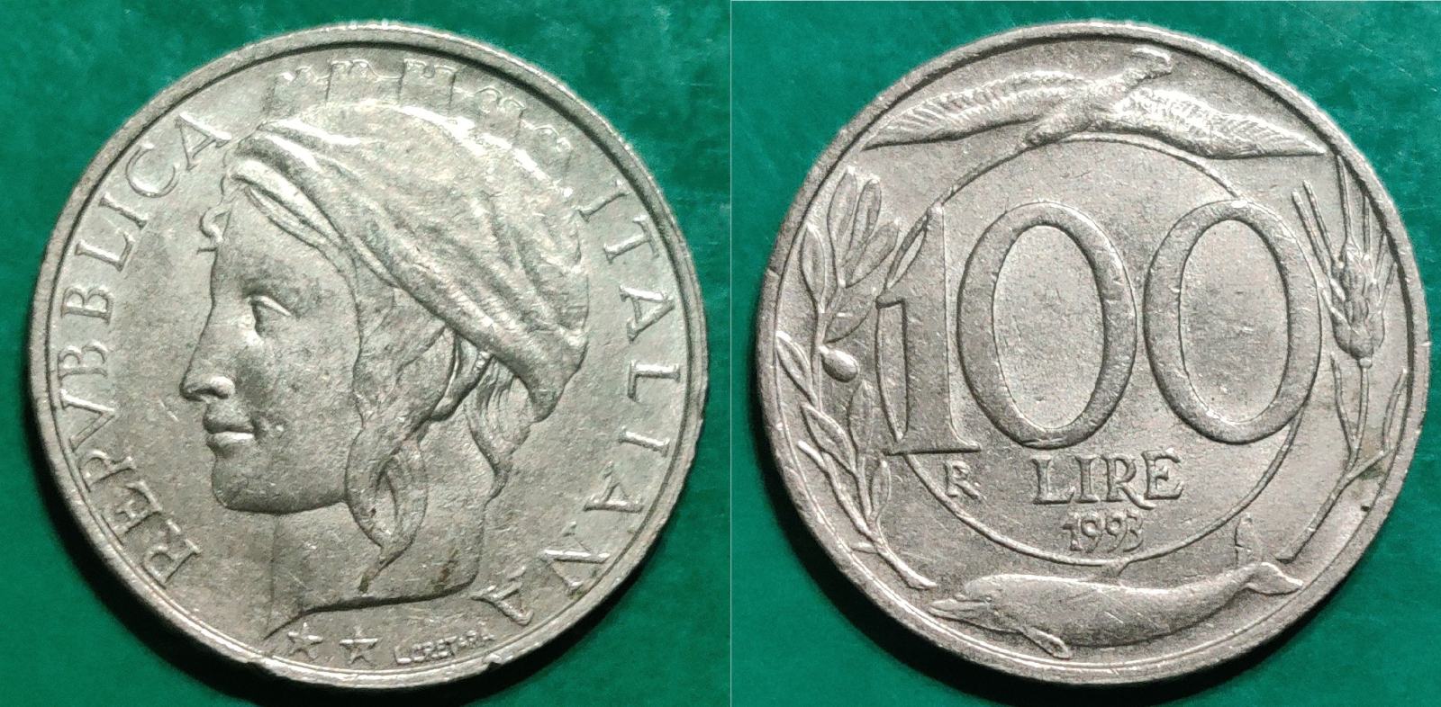 Italy 100 lire, 1993 Large head, signature L.CRETARA near edge