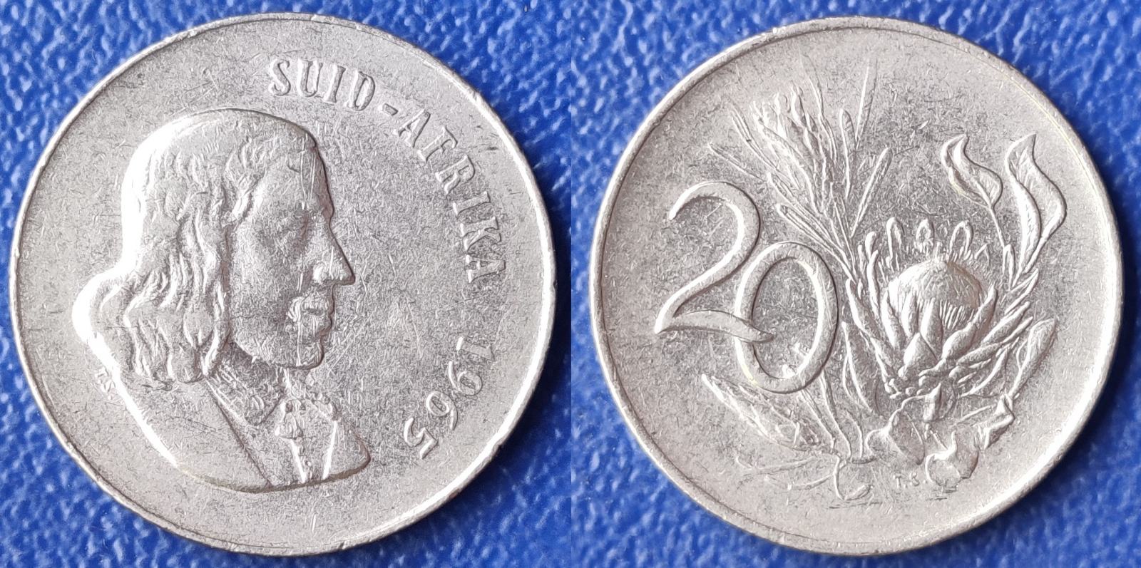 South Africa 20 cents, 1965 Legend in Afrikaans - SUID-AFRIKA