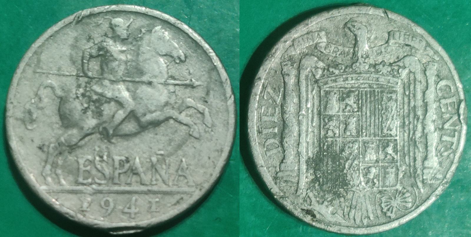 Spain 10 céntimos, 1941 Lettering: PLUS