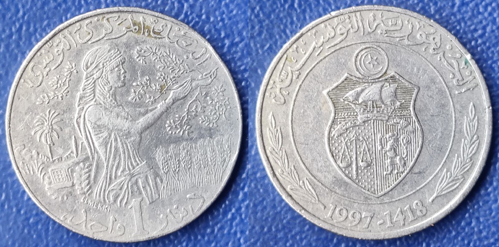 Tunisia 1 dinar, 1418 (1997) / 1,00 EURO