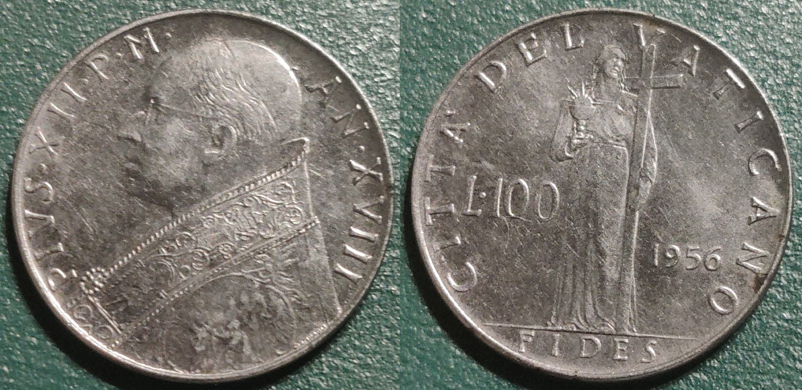 Vatican City 100 lire, 1956 Pope Pius XII