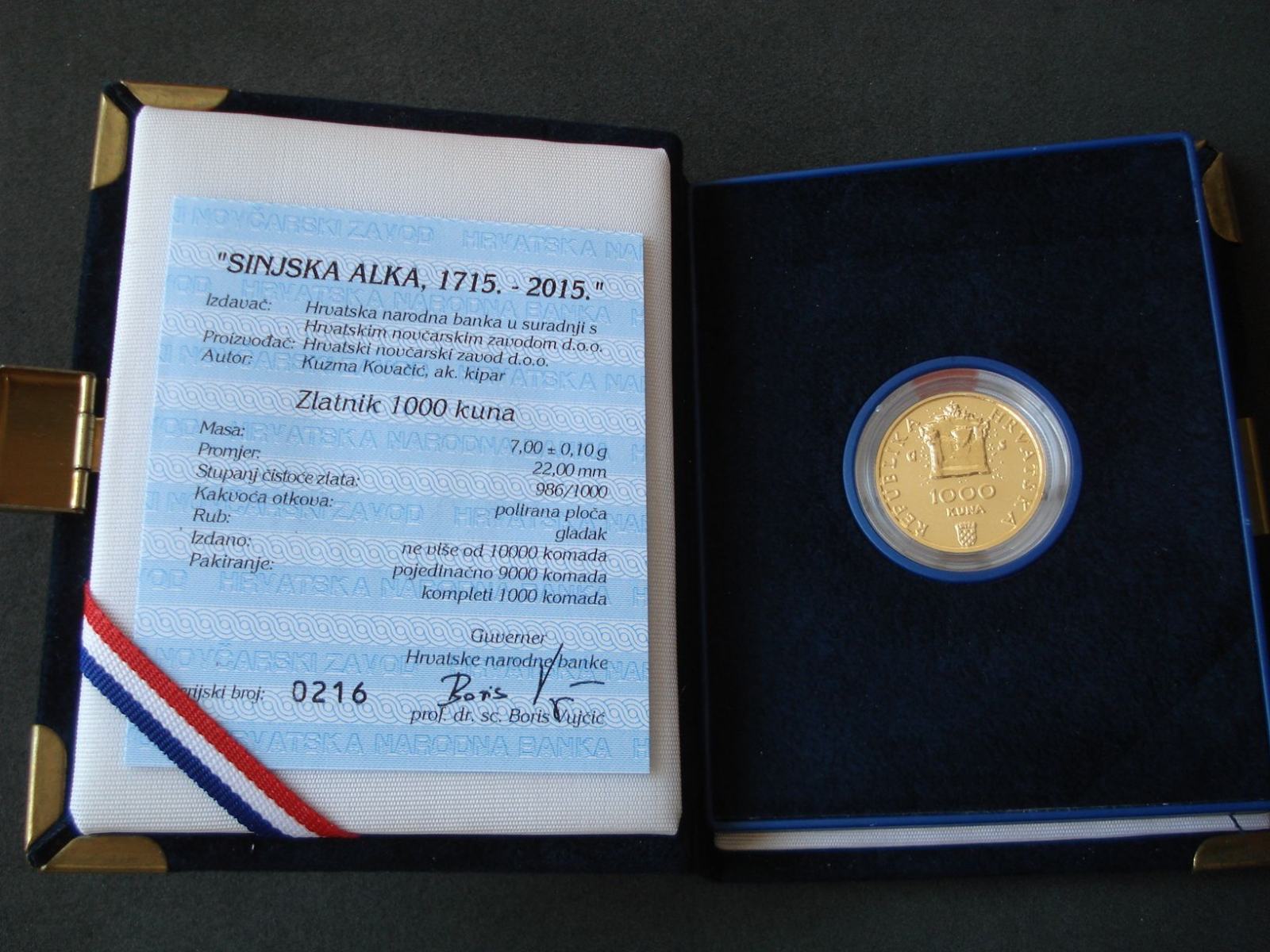 Zlatnik, 1000 Kuna, 2015, Sinjska alka, zlato