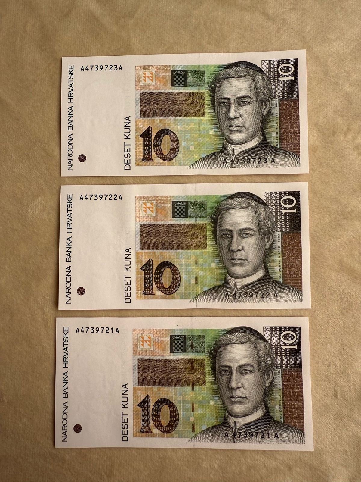 10 kuna 1995. unc, tri broja u nizu