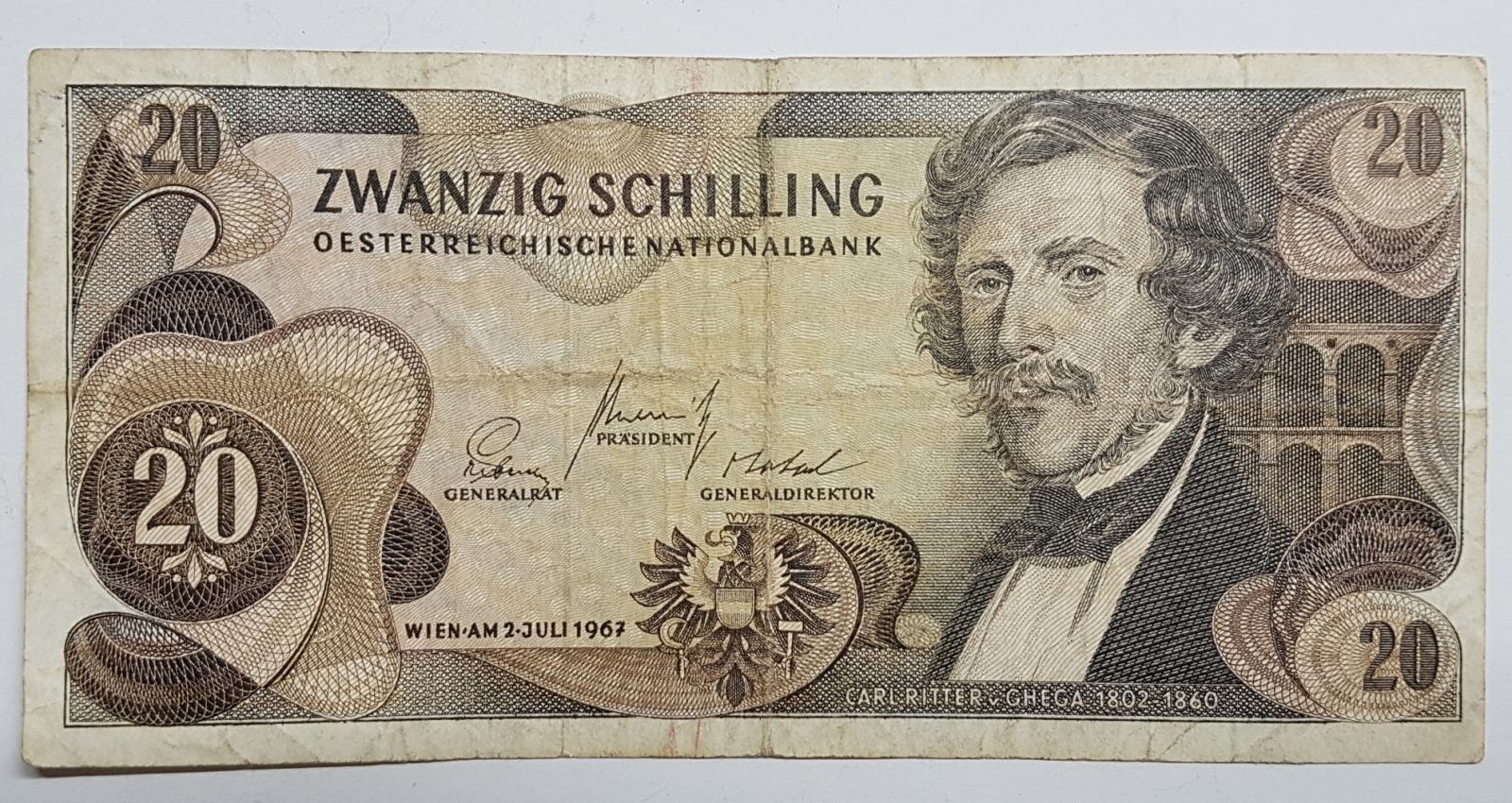 AUSTRIA, 20 SCHILLING, ŠILINGA, 1967.