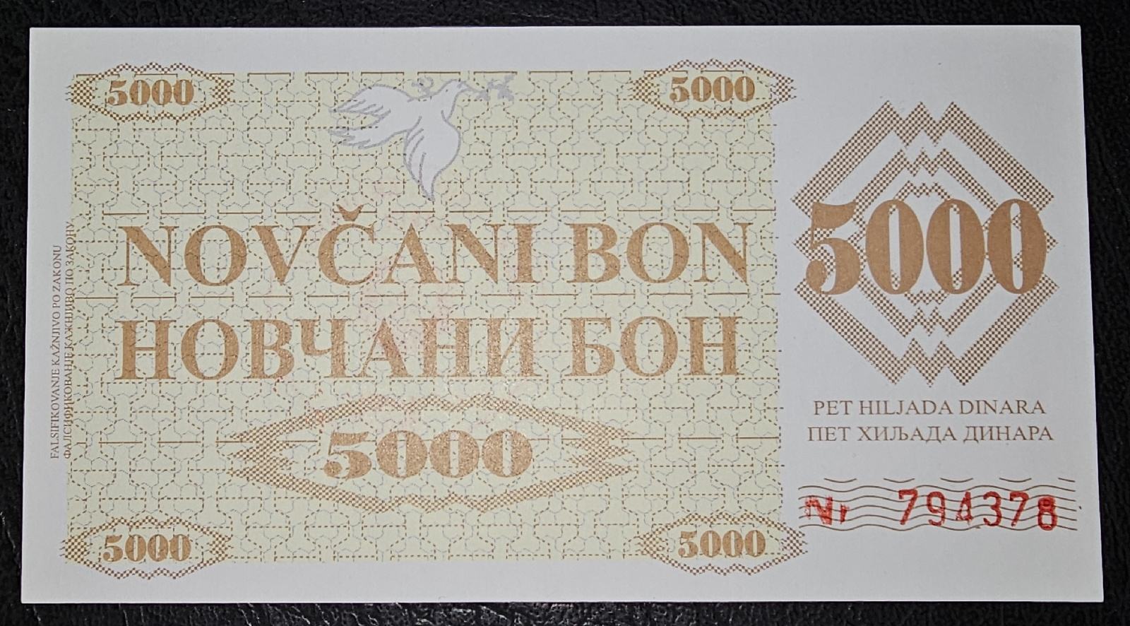 BiH- NOVČANI BON 5000 DINARA 1992. VISOKO, TOP KVALITETA!